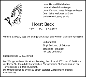 Traueranzeigen von Horst Beck | sich-erinnern.de