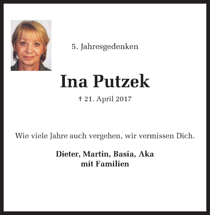 Traueranzeigen von Ina Putzek | sich-erinnern.de