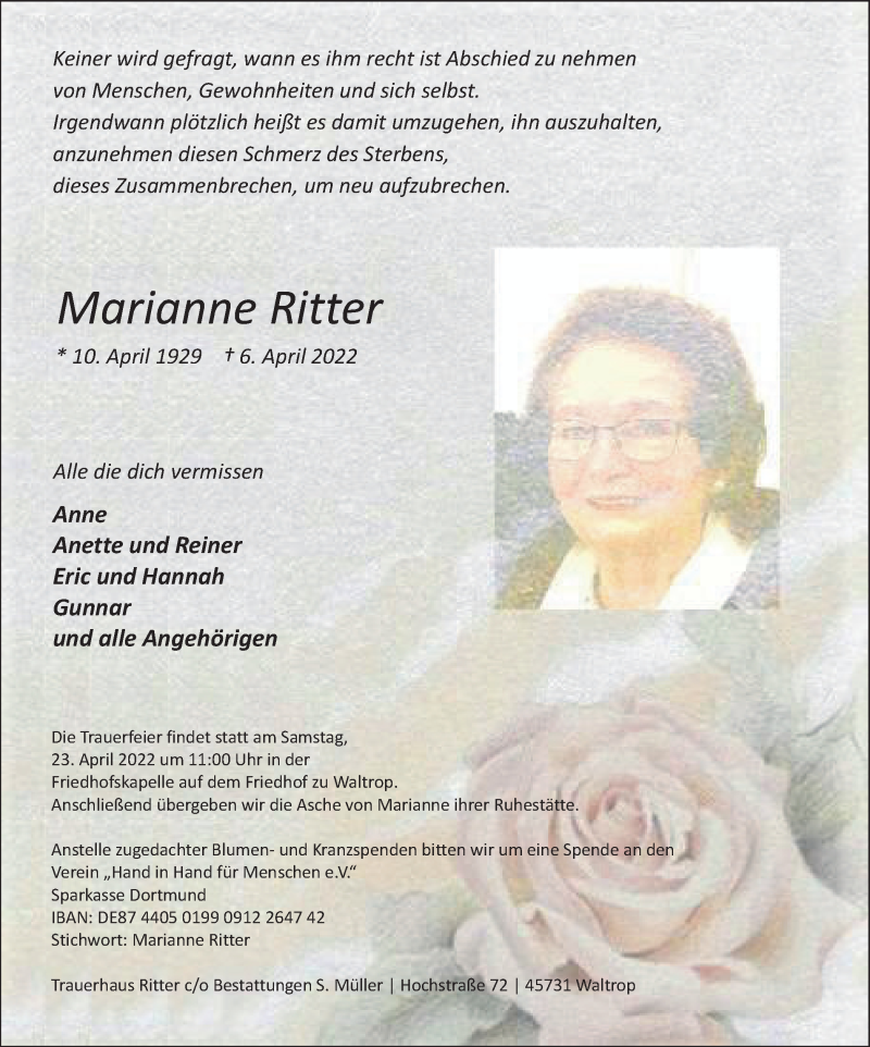 Traueranzeigen von Marianne Ritter | sich-erinnern.de