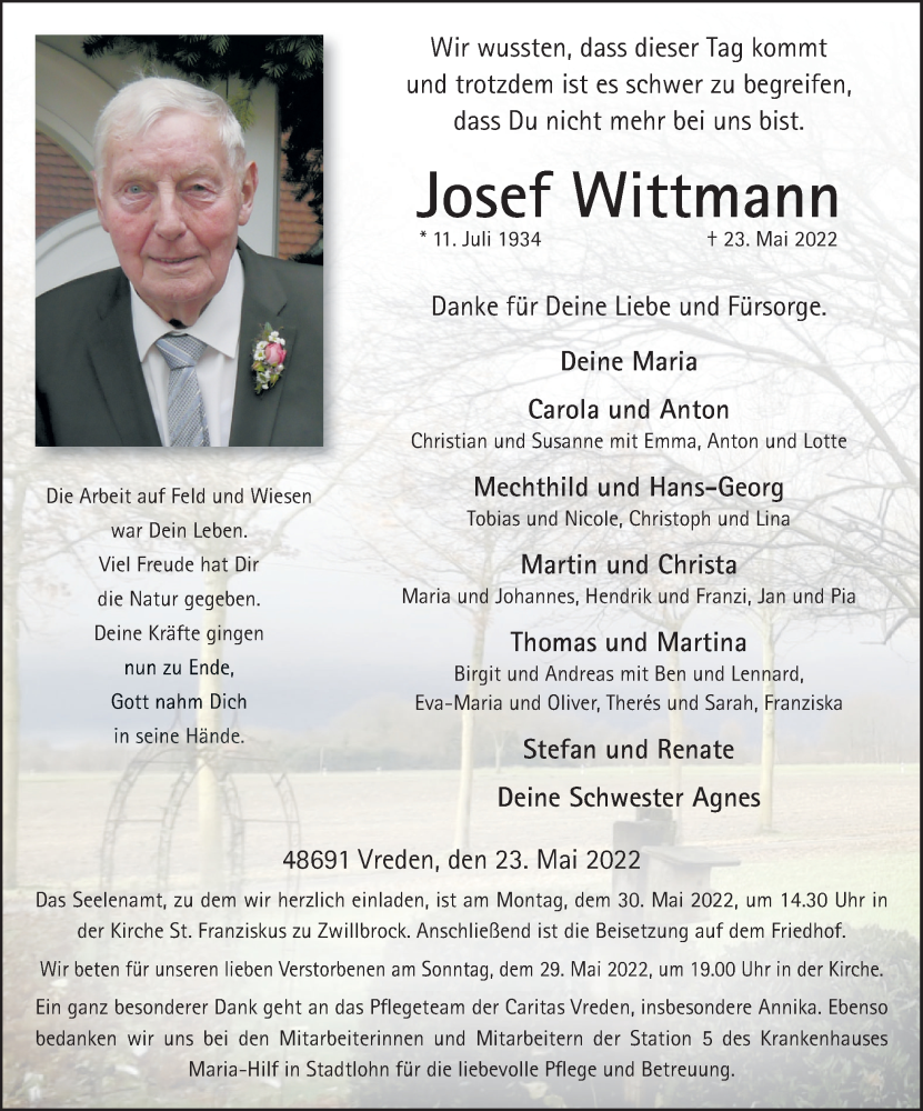 Traueranzeigen von Josef Wittmann | sich-erinnern.de
