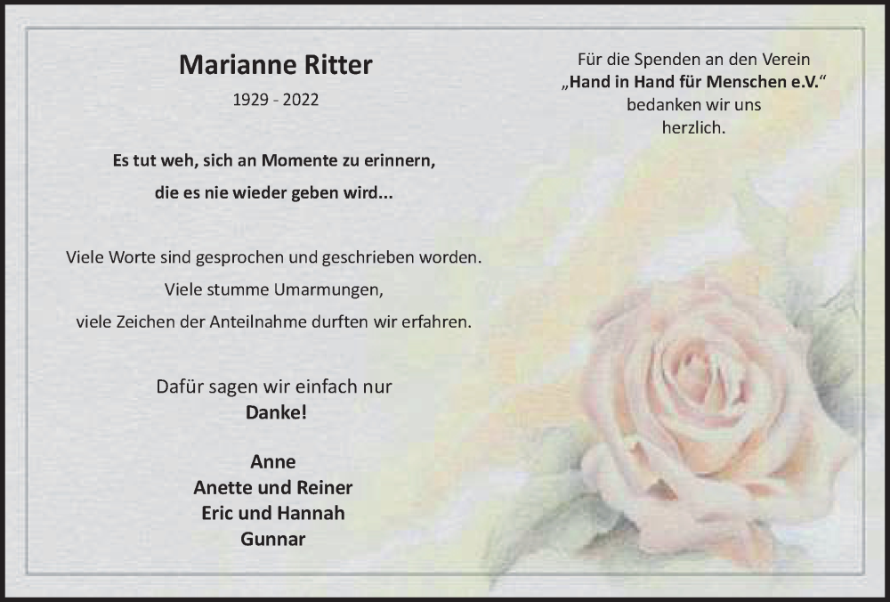 Traueranzeigen von Marianne Ritter | sich-erinnern.de