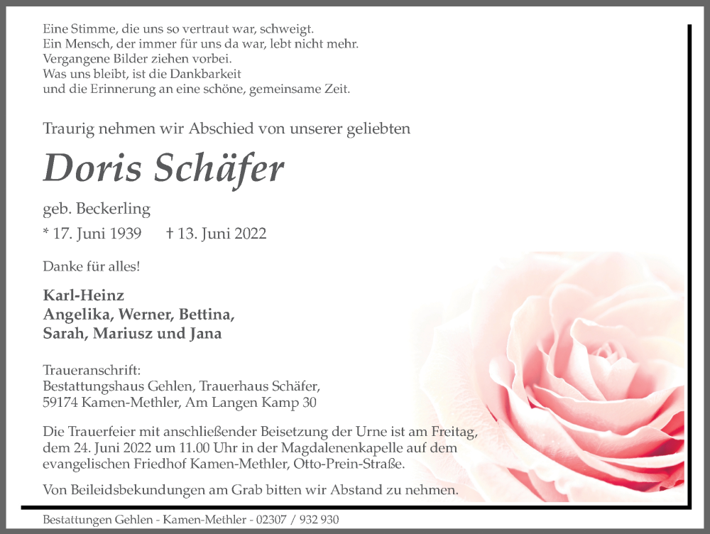 Traueranzeigen von Doris Schäfer | sich-erinnern.de