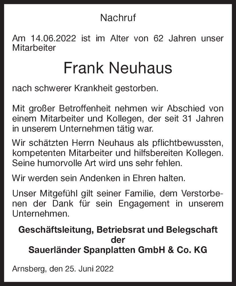 Traueranzeigen von Frank Neuhaus | sich-erinnern.de
