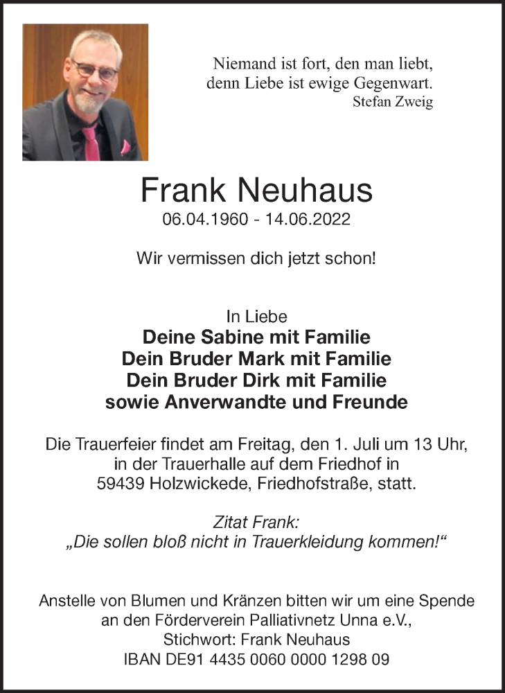 Traueranzeigen von Frank Neuhaus | sich-erinnern.de