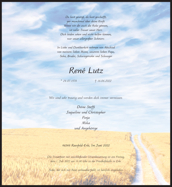 Traueranzeigen von René Lutz | sich-erinnern.de