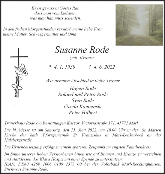 Traueranzeigen von Susanne Rode | sich-erinnern.de