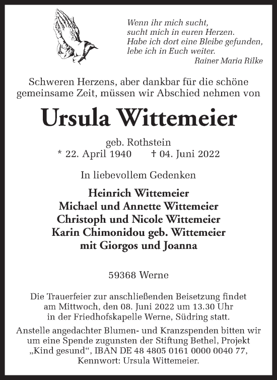 Traueranzeigen von Ursula Wittemeier | sich-erinnern.de