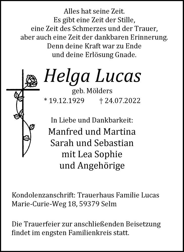 Traueranzeigen von Helga Lucas | sich-erinnern.de