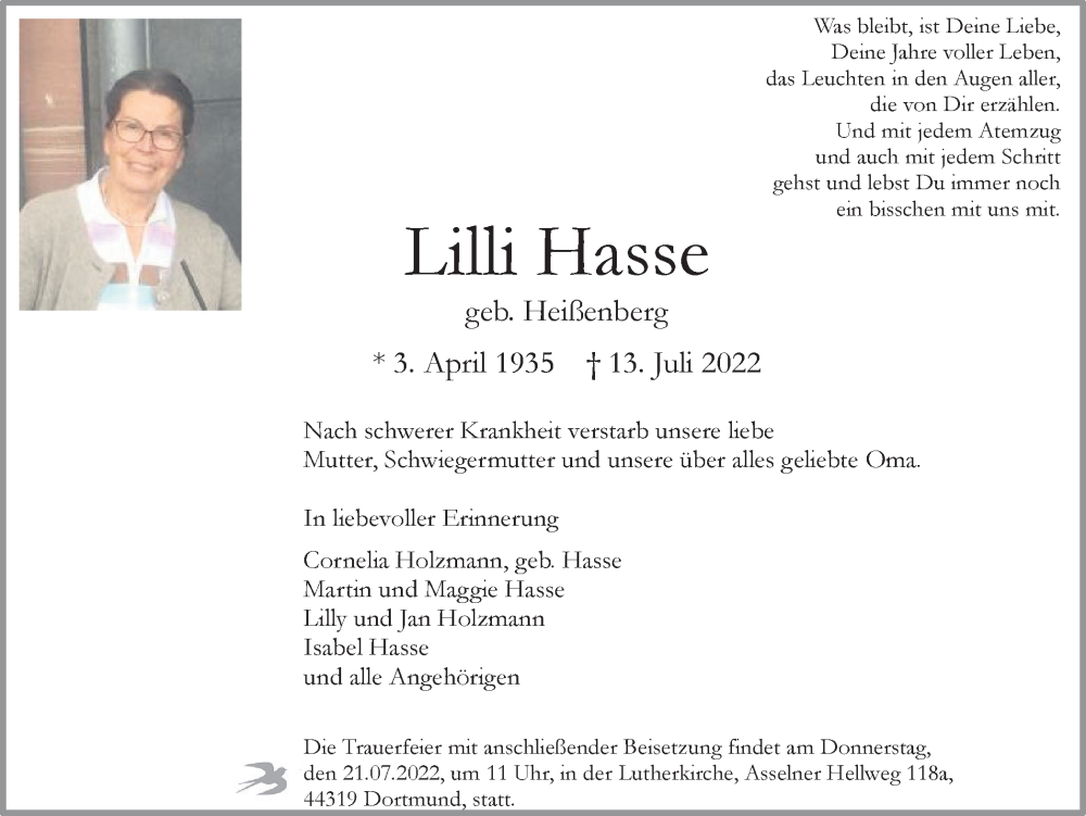 Traueranzeigen von Lilli Hasse | sich-erinnern.de