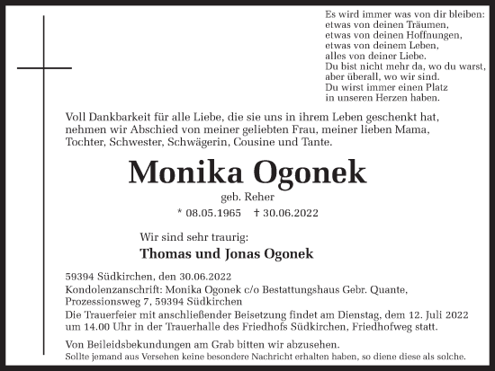 Traueranzeigen von Monika Ogonek | sich-erinnern.de