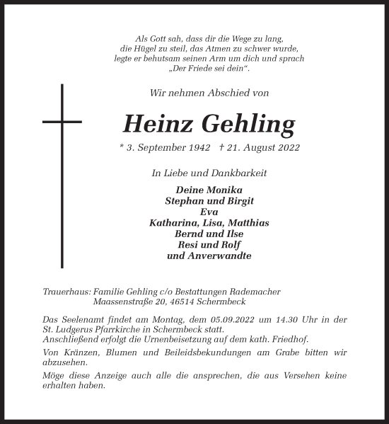 Traueranzeigen von Heinz Gehling | sich-erinnern.de