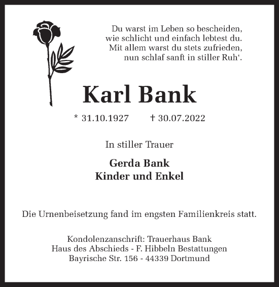 Traueranzeigen von Karl Bank | sich-erinnern.de