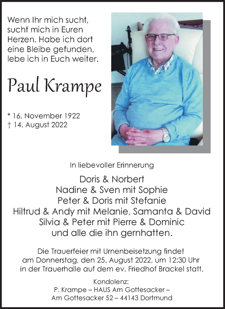 Traueranzeigen von Paul Krampe | sich-erinnern.de