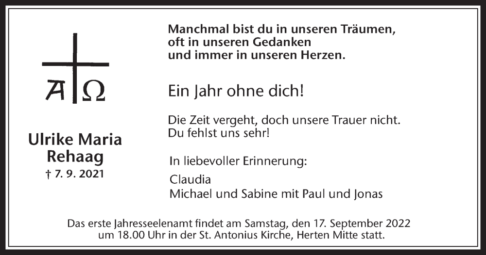 Traueranzeigen von Ulrike Maria Rehaag | sich-erinnern.de