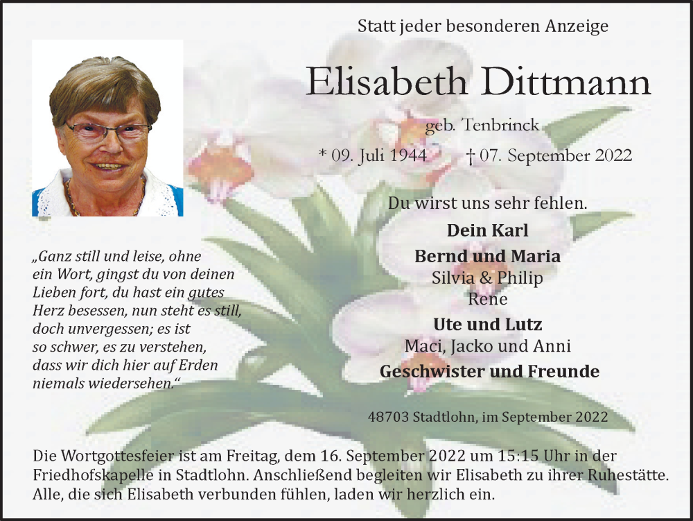 Traueranzeigen von Elisabeth Dittmann | sich-erinnern.de