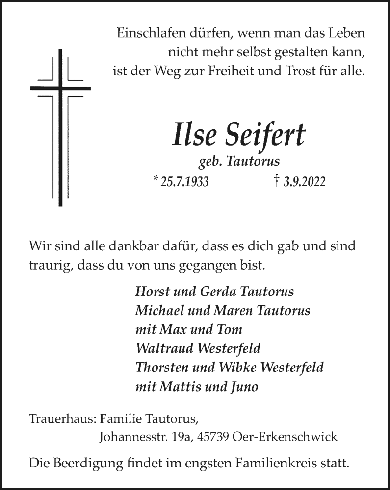 Traueranzeigen von Ilse Seifert | sich-erinnern.de