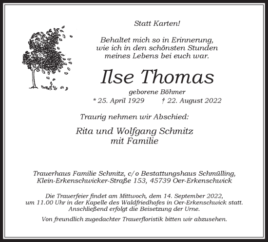 Traueranzeigen von Ilse Thomas | sich-erinnern.de
