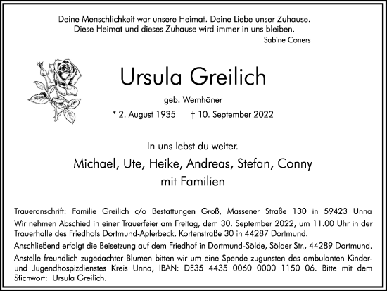 Traueranzeigen von Ursula Greilich | sich-erinnern.de