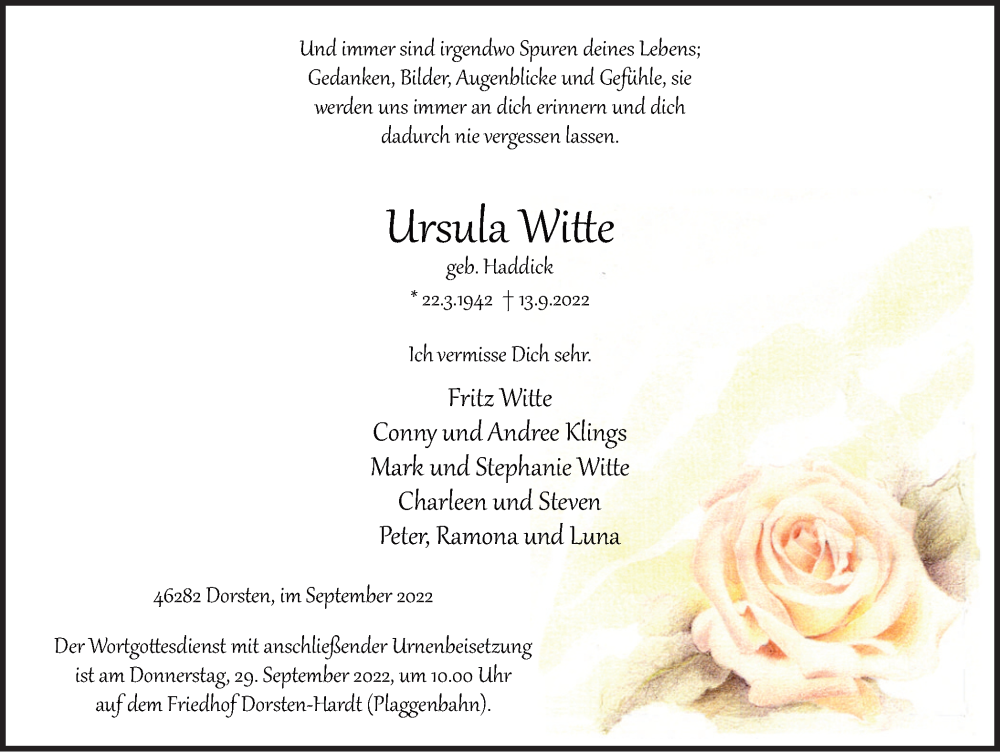 Traueranzeigen von Ursula Witte | sich-erinnern.de