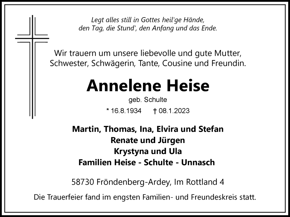 Traueranzeigen von Annelene Heise | sich-erinnern.de