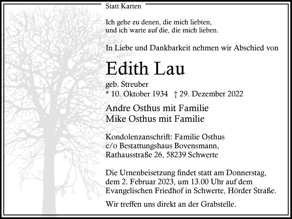 Traueranzeigen von Edith Lau | sich-erinnern.de