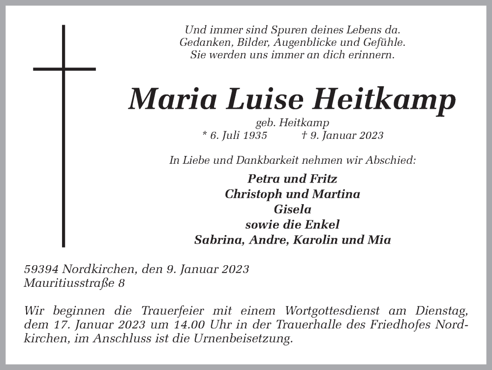 Traueranzeigen von Marie Luise Heitkamp | sich-erinnern.de