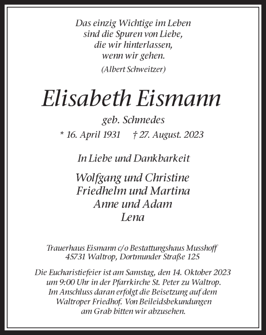 Traueranzeigen von Elisabeth Eismann | sich-erinnern.de