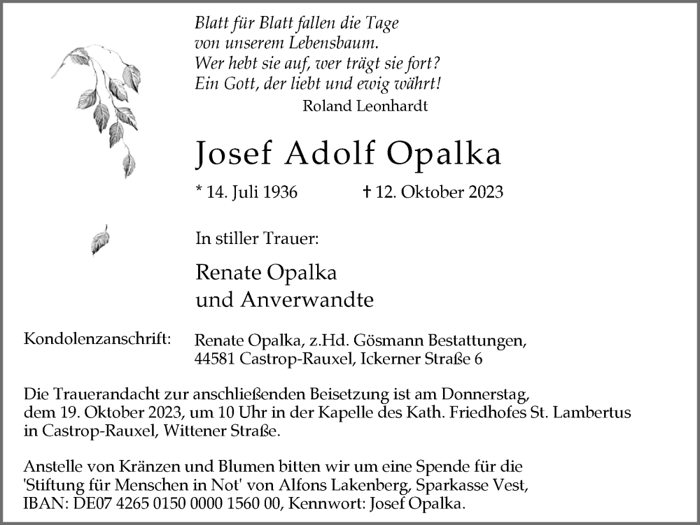 Traueranzeigen von Josef Adolf Opalka | sich-erinnern.de