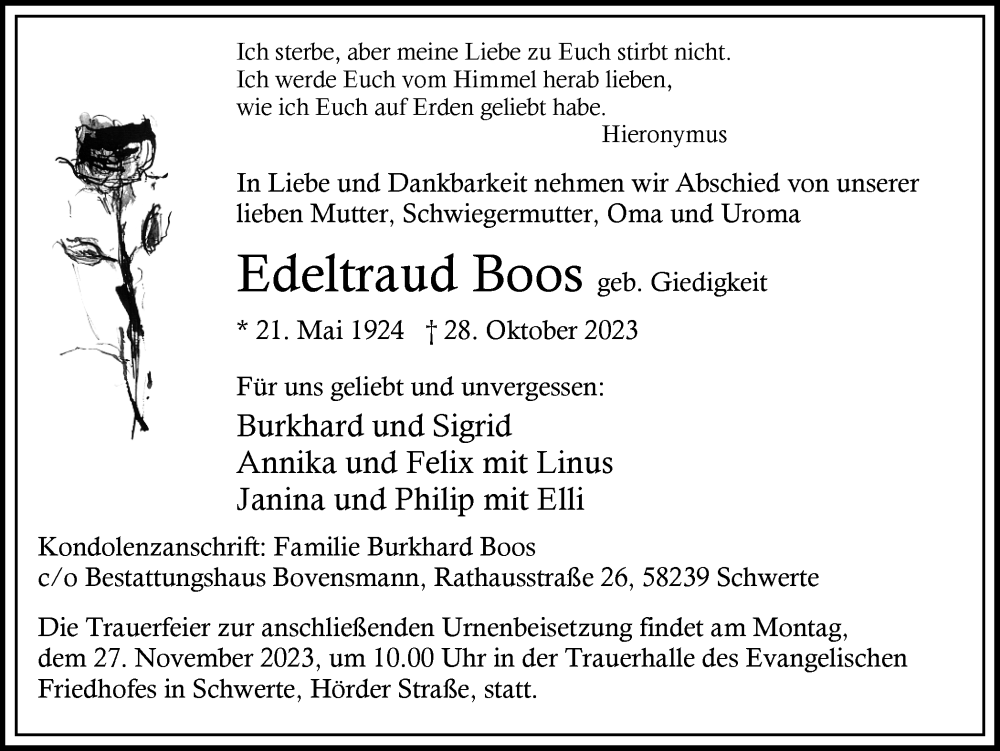 Traueranzeigen von Edeltraud Boos | sich-erinnern.de