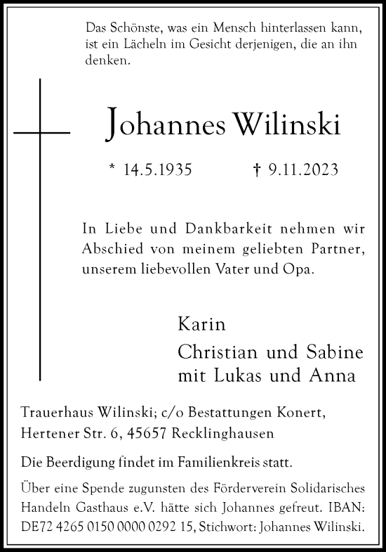 Traueranzeigen von Johannes Wilinski | sich-erinnern.de