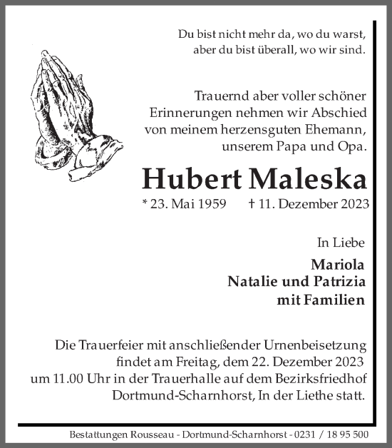 Traueranzeigen von Hubert Maleska | sich-erinnern.de