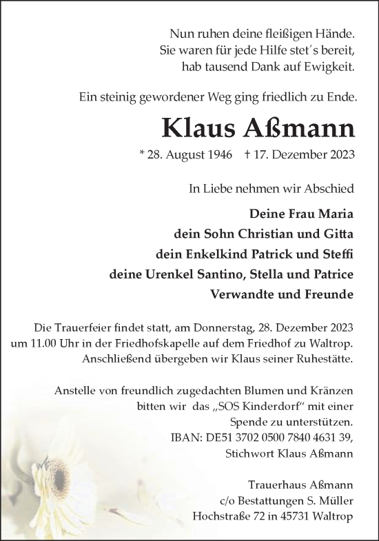 Traueranzeigen von Klaus Aßmann | sich-erinnern.de
