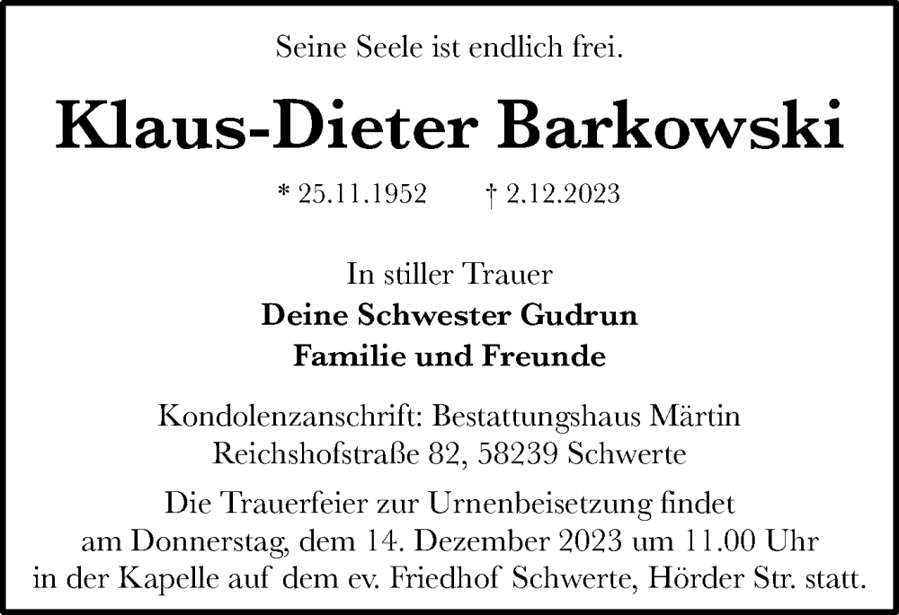 Traueranzeigen von Klaus-Dieter Barkowski | sich-erinnern.de
