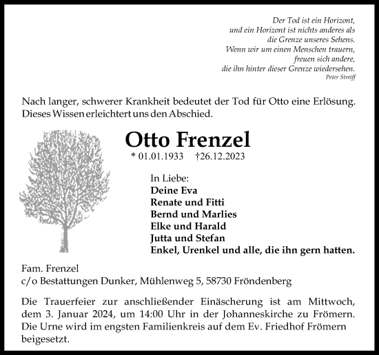 Traueranzeigen von Otto Frenzel | sich-erinnern.de