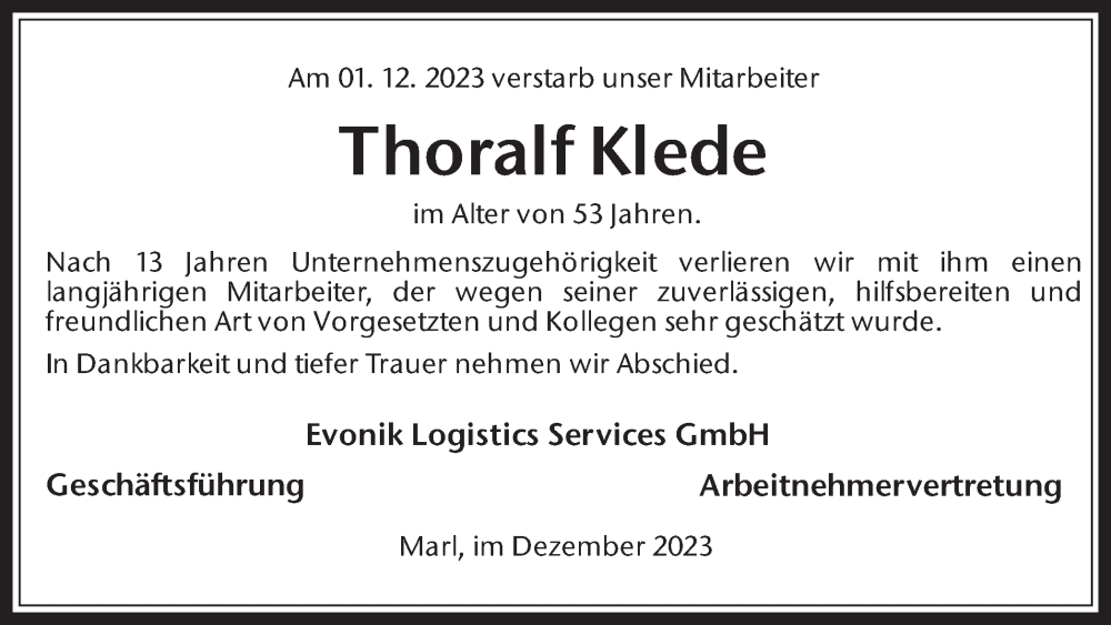 Traueranzeigen von Thoralf Klede | sich-erinnern.de