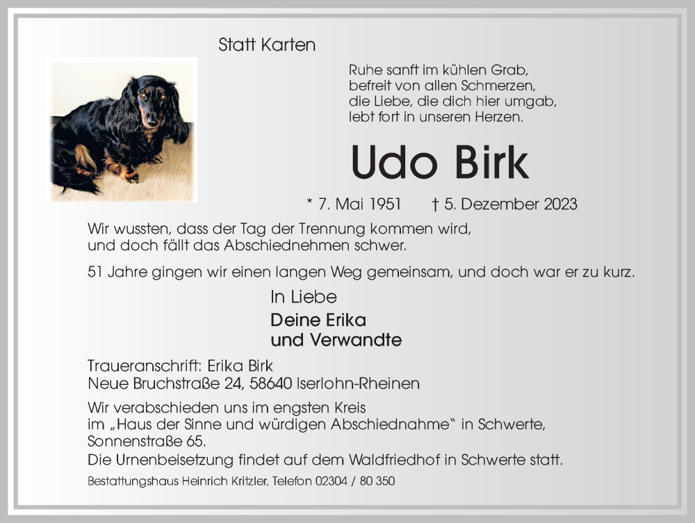 Traueranzeigen von Udo Birk | sich-erinnern.de