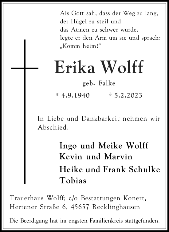Traueranzeigen von Erika Wolff | sich-erinnern.de