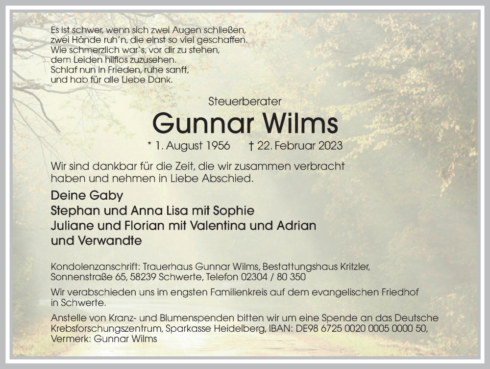 Traueranzeigen von Gunnar Wilms | sich-erinnern.de