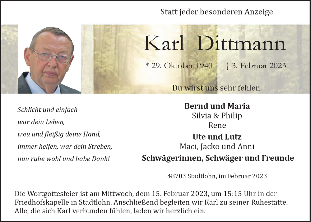 Traueranzeigen von Karl Dittmann | sich-erinnern.de