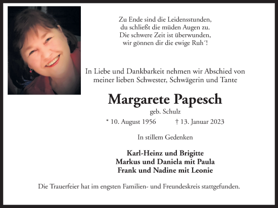 Traueranzeigen von Margarete Papesch | sich-erinnern.de