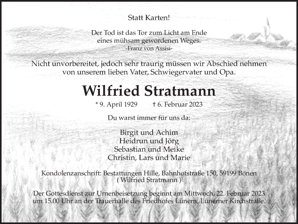 Traueranzeigen von Wilfried Stratmann | sich-erinnern.de