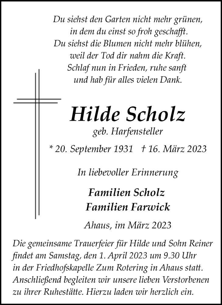 Traueranzeigen von Hilde Scholz | sich-erinnern.de