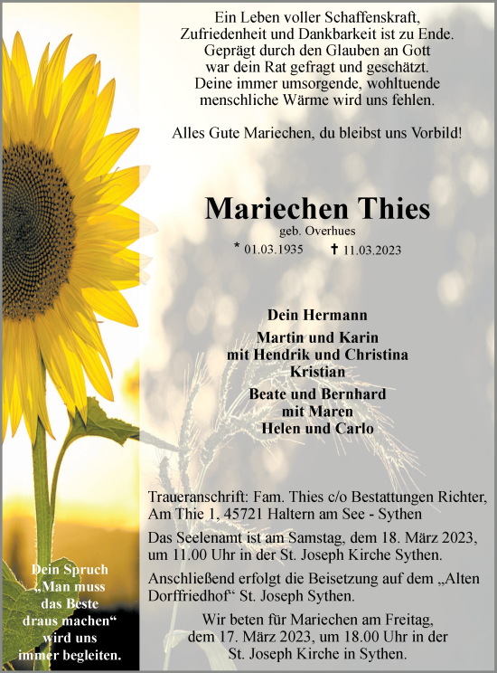 Traueranzeigen von Maria Thies | sich-erinnern.de