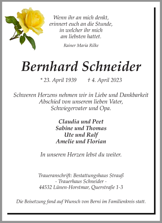 Traueranzeigen von Bernhard Schneider | sich-erinnern.de