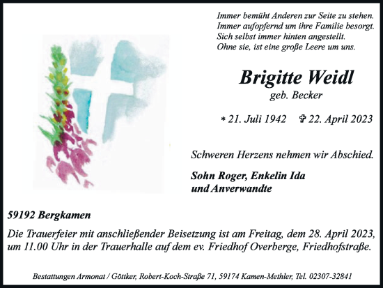 Traueranzeigen von Brigitte Weidl | sich-erinnern.de