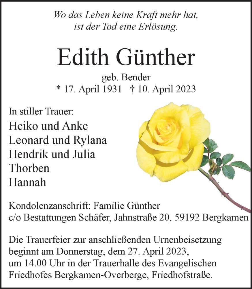 Traueranzeigen von Edith Günther | sich-erinnern.de