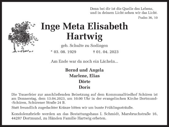 Traueranzeigen von Inge Meta Elisabeth Hartwig | sich-erinnern.de