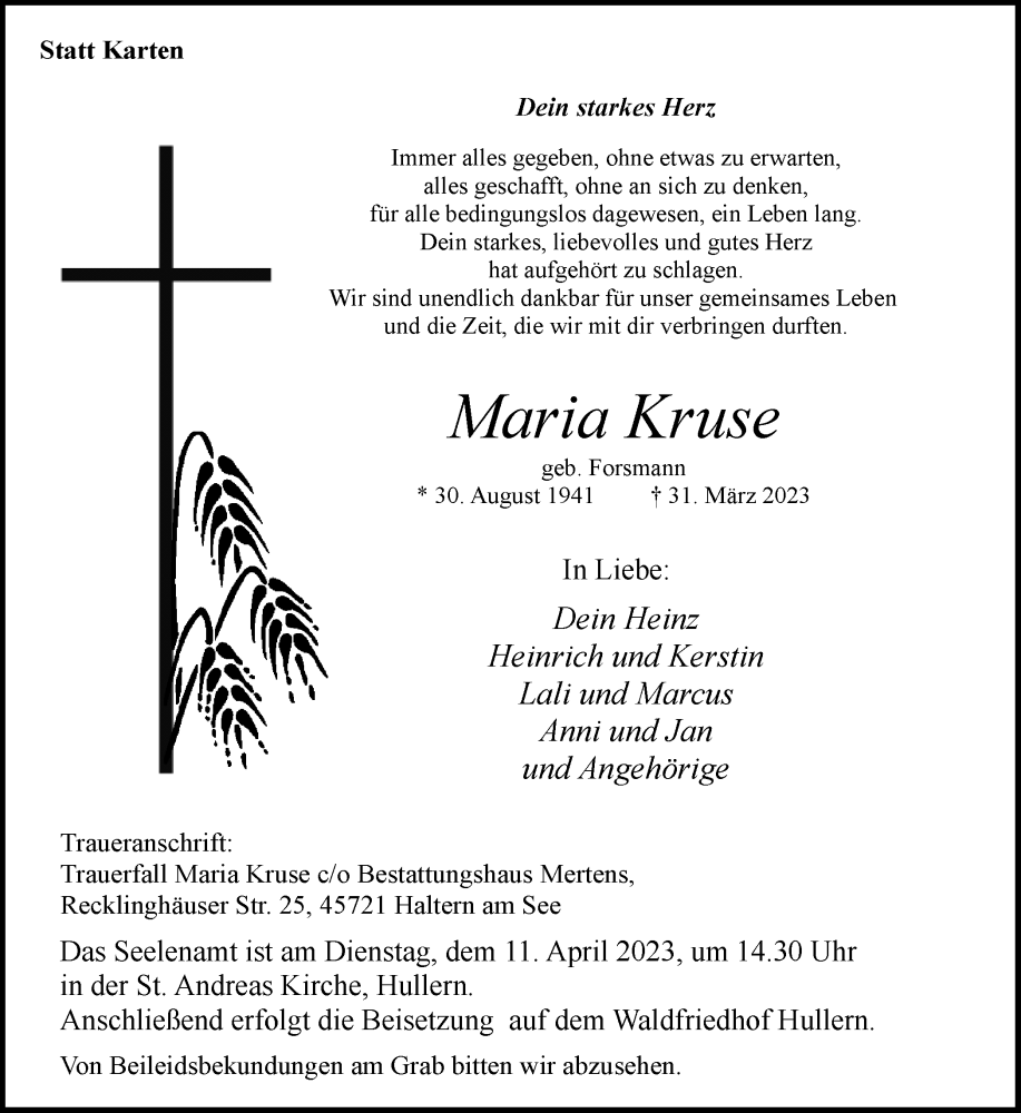 Traueranzeigen von Maria Kruse | sich-erinnern.de