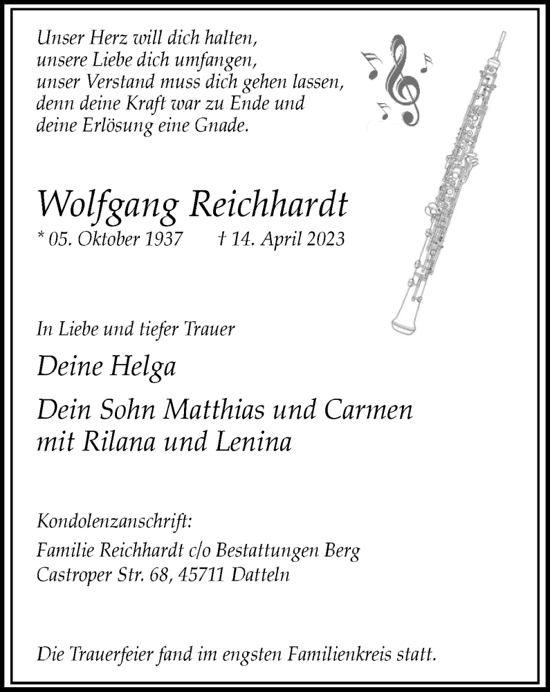 Traueranzeigen von Wolfgang Reichhardt | sich-erinnern.de
