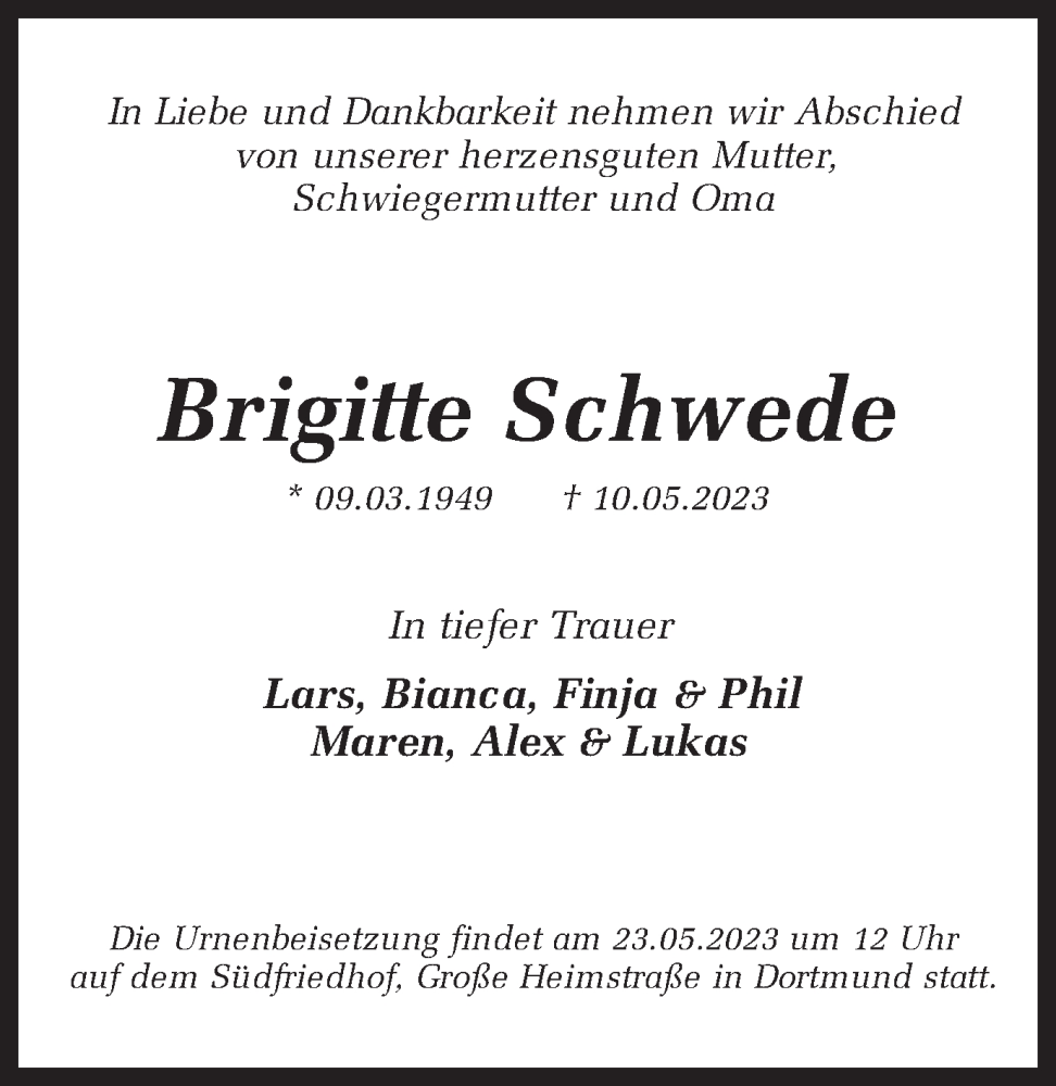 Traueranzeigen von Brigitte Schwede | sich-erinnern.de